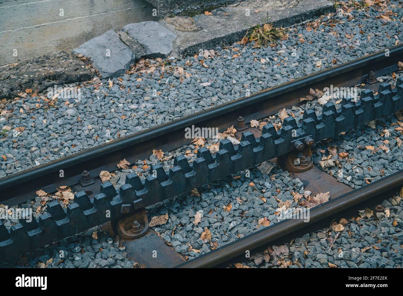 Detail view of cog or tooth railway in switzerland mountain rail system ...