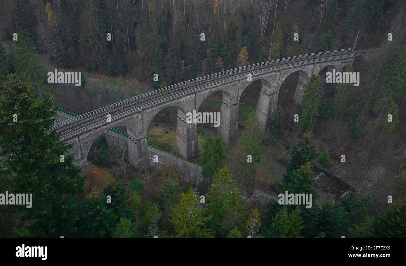 Magical aerial panorama of mystical Glebce viaduct close to Wisla ...