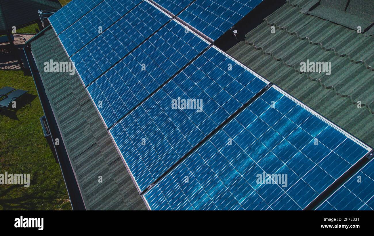 Photovoltaic sun power plant on the top of domestic house. Detail of ...