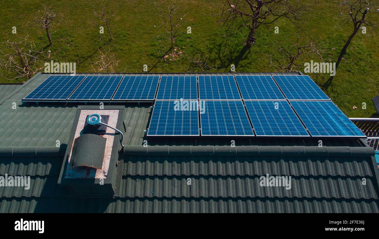 Photovoltaic sun power plant on the top of domestic house. Detail of ...