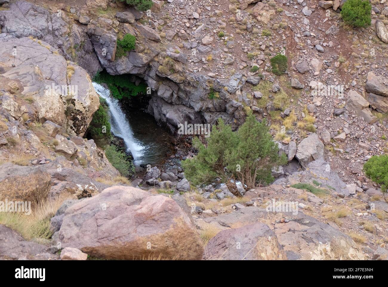 A waterfall in Toubkal National Park, a national park in the High Atlas ...