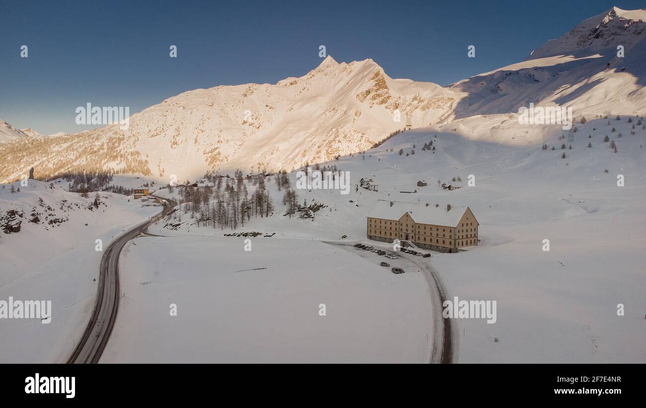 Aerial drone photo of Simplon hospiz on the top of the simplon pass ...