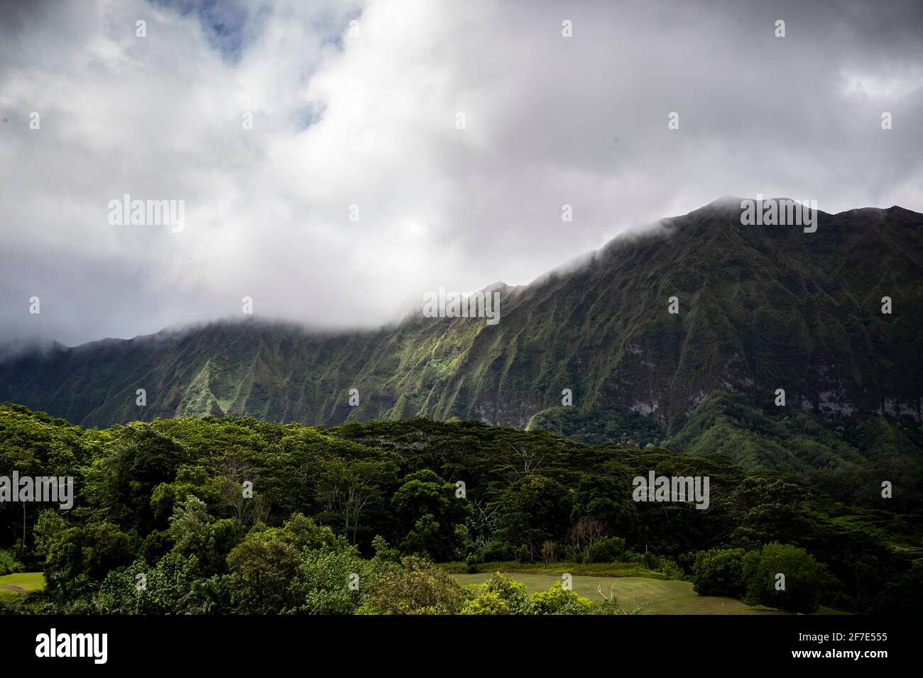 Large fluffy clouds sitting atop a large stretch of mountain Stock ...