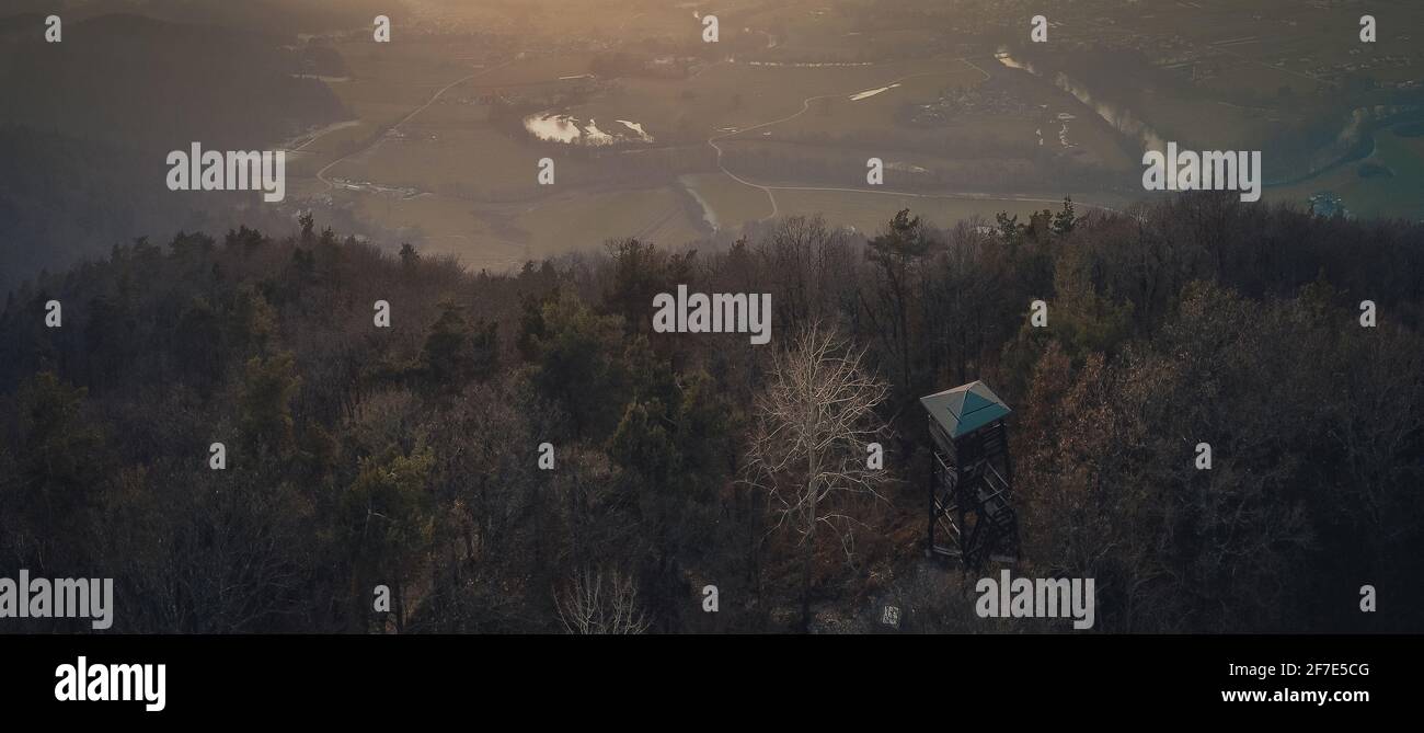 Hunters lookout, a tall wooden structure standing between the trees way ...