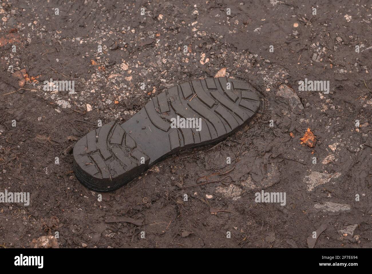 Underside of a shoe tread visible that it fell off and is now stuck in ...