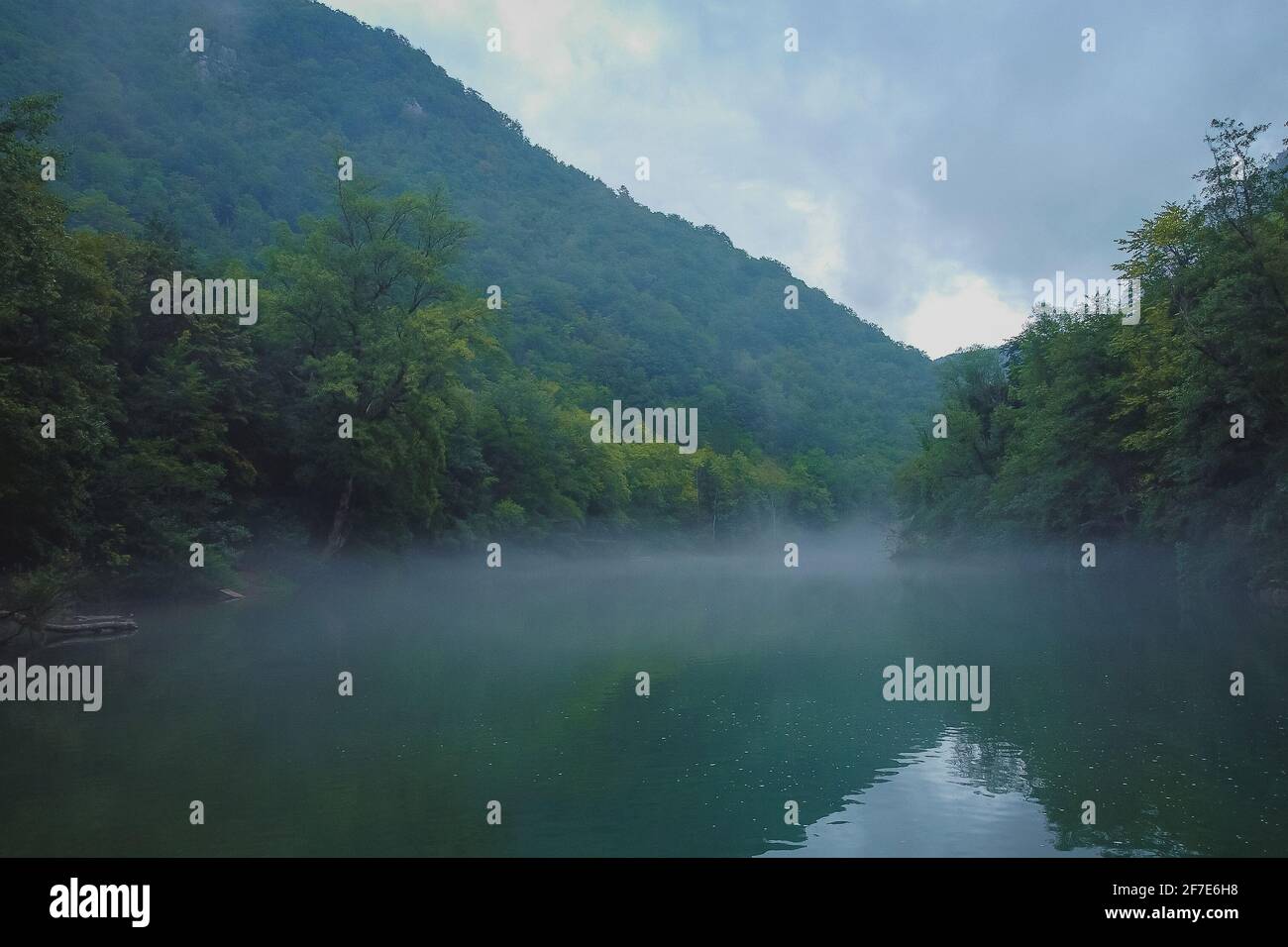 Scary spooky river of Kolpa on a gray dull summer day with clouds and ...