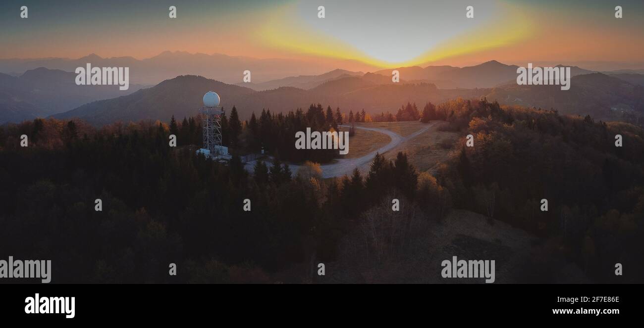 Aerial drone panorama view of a rain radar or meteorological doppler ...
