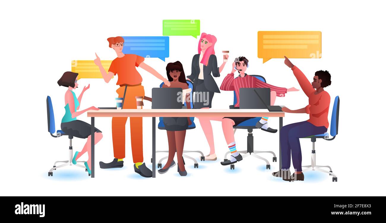 mix race businesspeople group discussing during meeting at round table ...