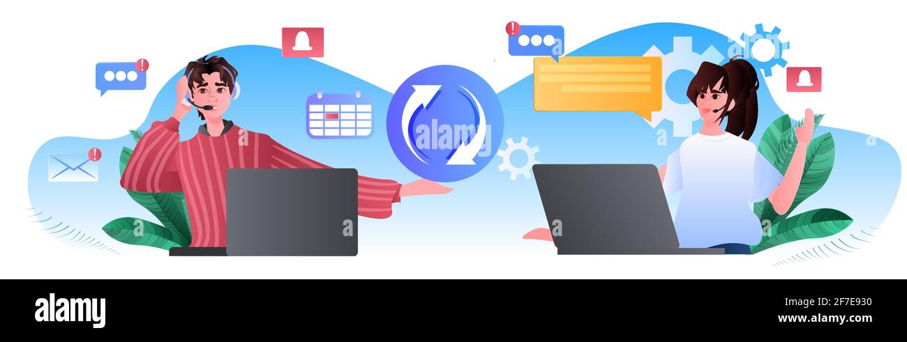 couple call center operators in headset discussing with clients online ...