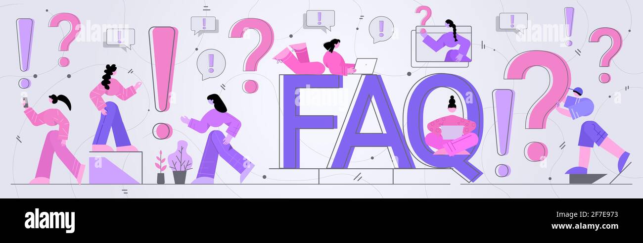 businesspeople ask questions and receive answers near FAQ word online support center frequently ...