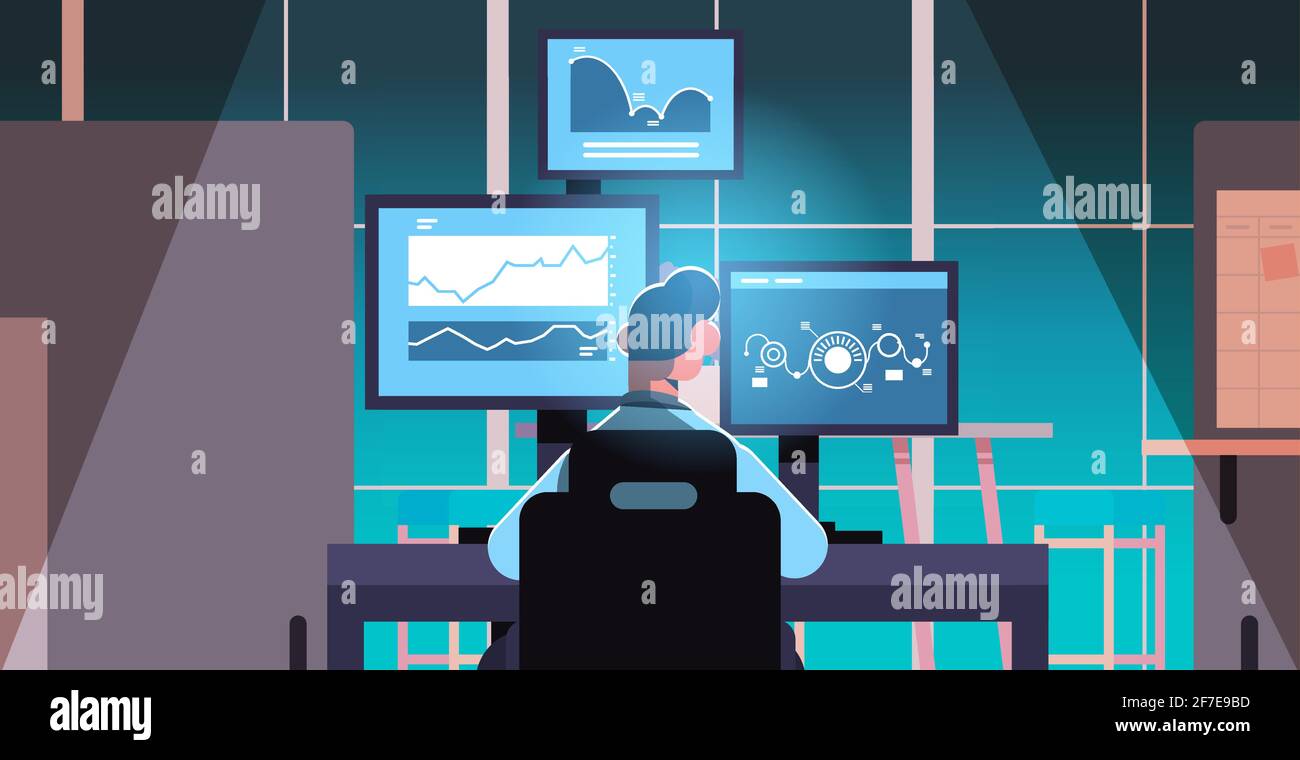 Man Trader Stock Market Broker Analyzing Charts Graphs And Rates On Computer Monitors At