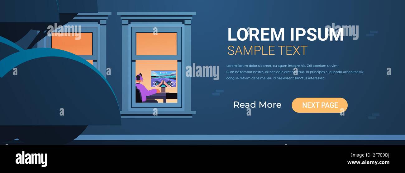 exterior of building with virtual gamer playing online video games on ...