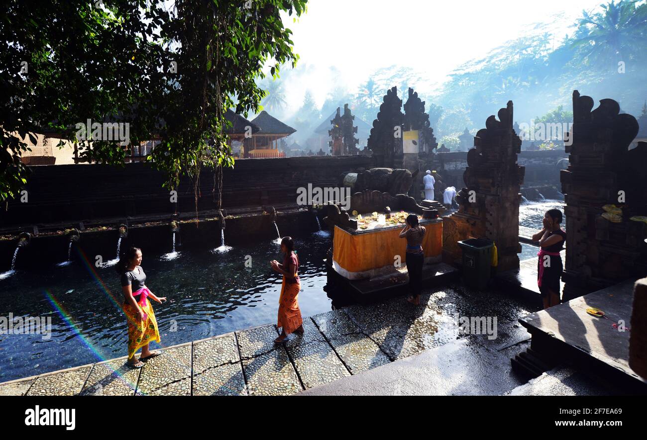 Morning prayers at the purifying pool at the Tirta Empul temple in Bali ...