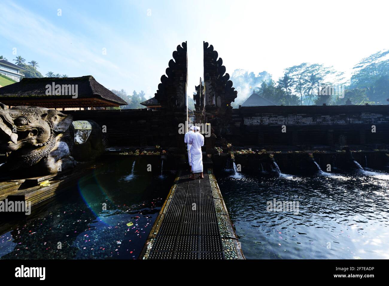Balinese Hindu priest praying at the purifying pool in the Tirta Empul ...