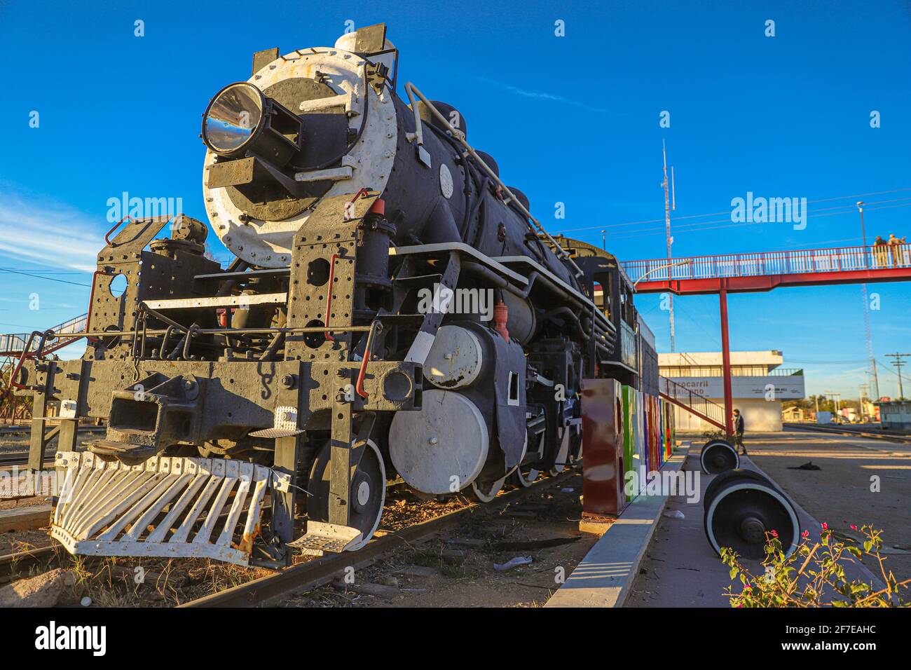 Old steam engine on display at the Ferrocarril Mexicano train station ...