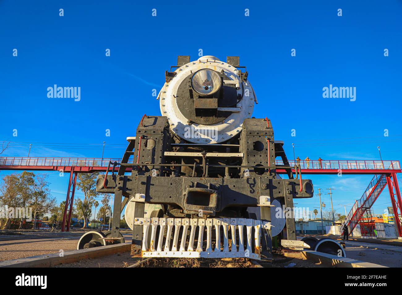Old steam engine on display at the Ferrocarril Mexicano train station ...