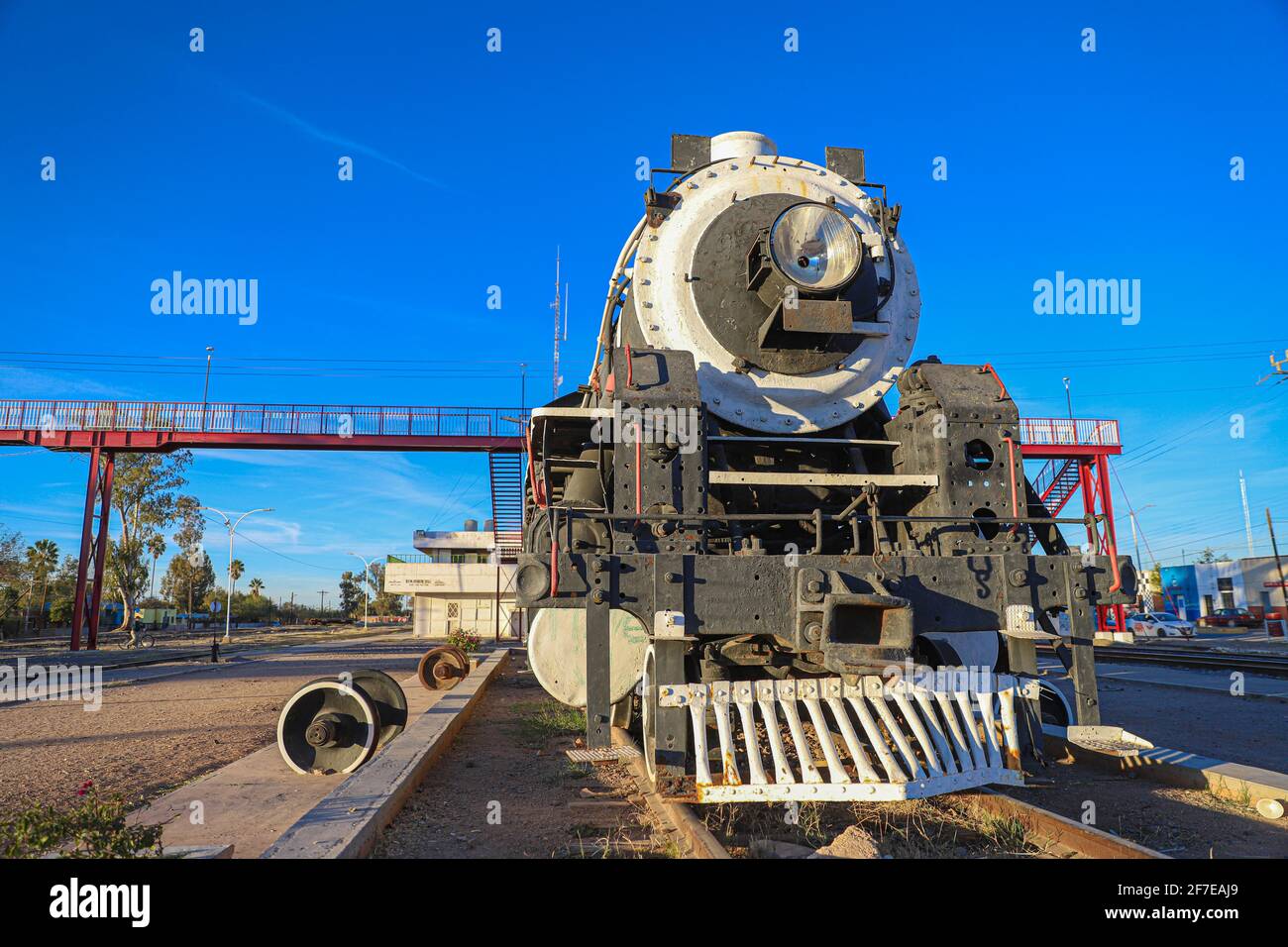 Old steam engine on display at the Ferrocarril Mexicano train station ...
