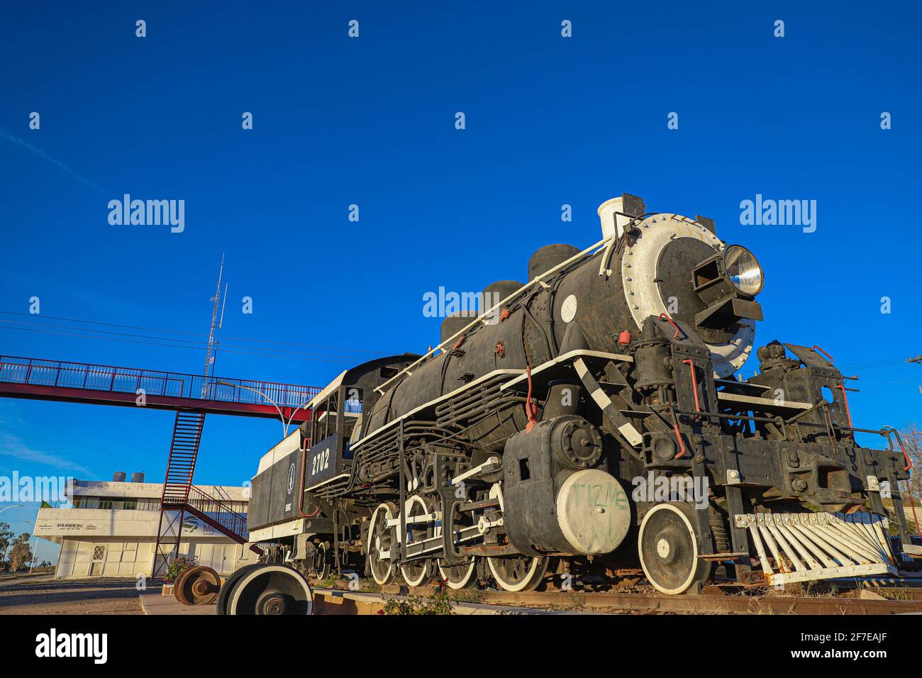 Old steam engine on display at the Ferrocarril Mexicano train station ...