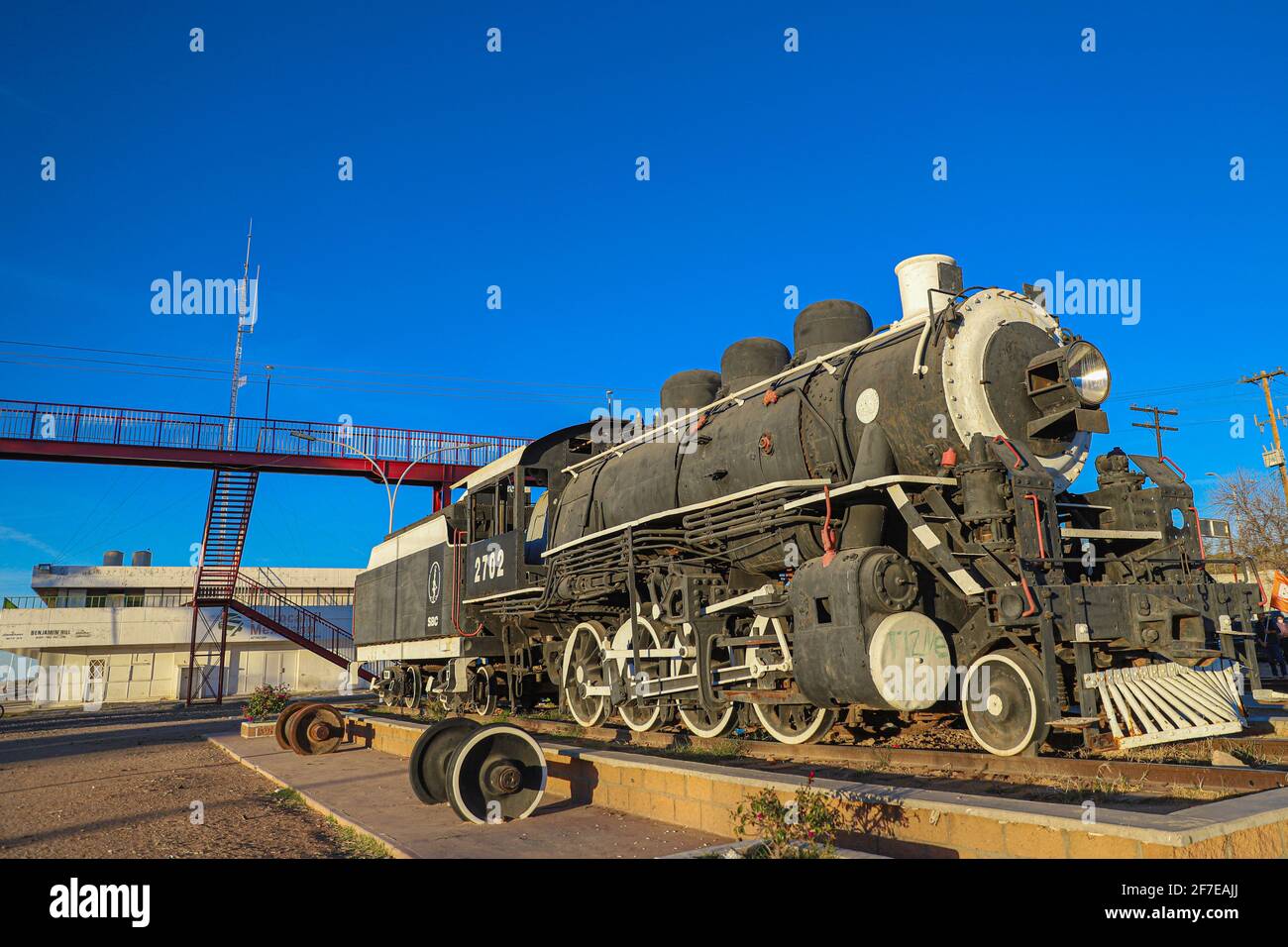 Old steam engine on display at the Ferrocarril Mexicano train station ...