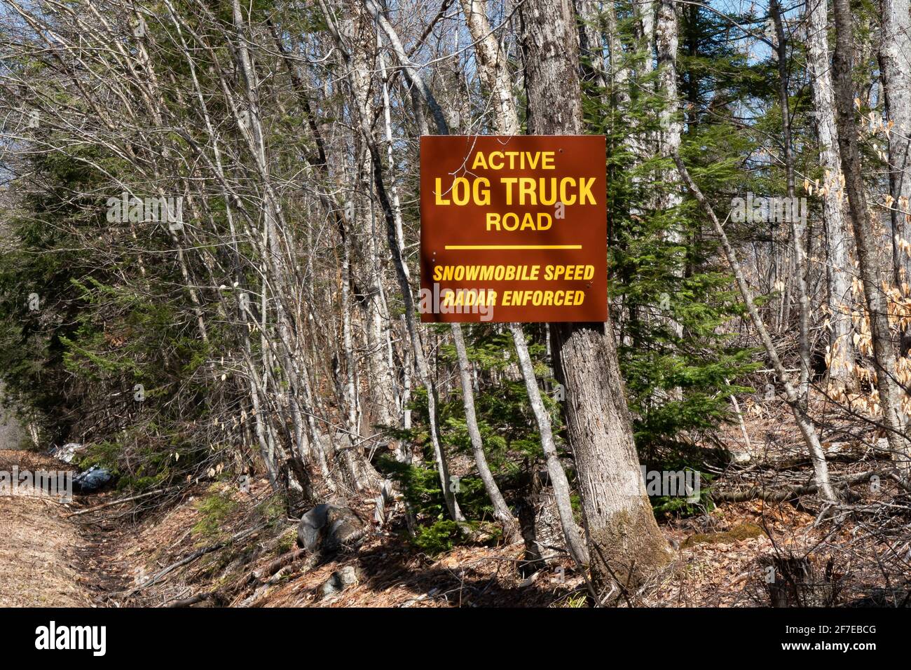 Active log truck road sign in the Adirondack Mountains wilderness ...