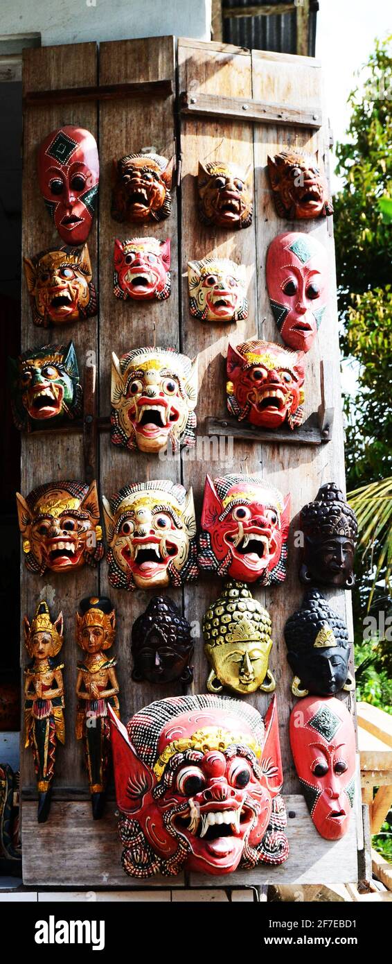 Traditional Balinese masks sold as souvenirs in Ubud, Bali, Indonesia ...