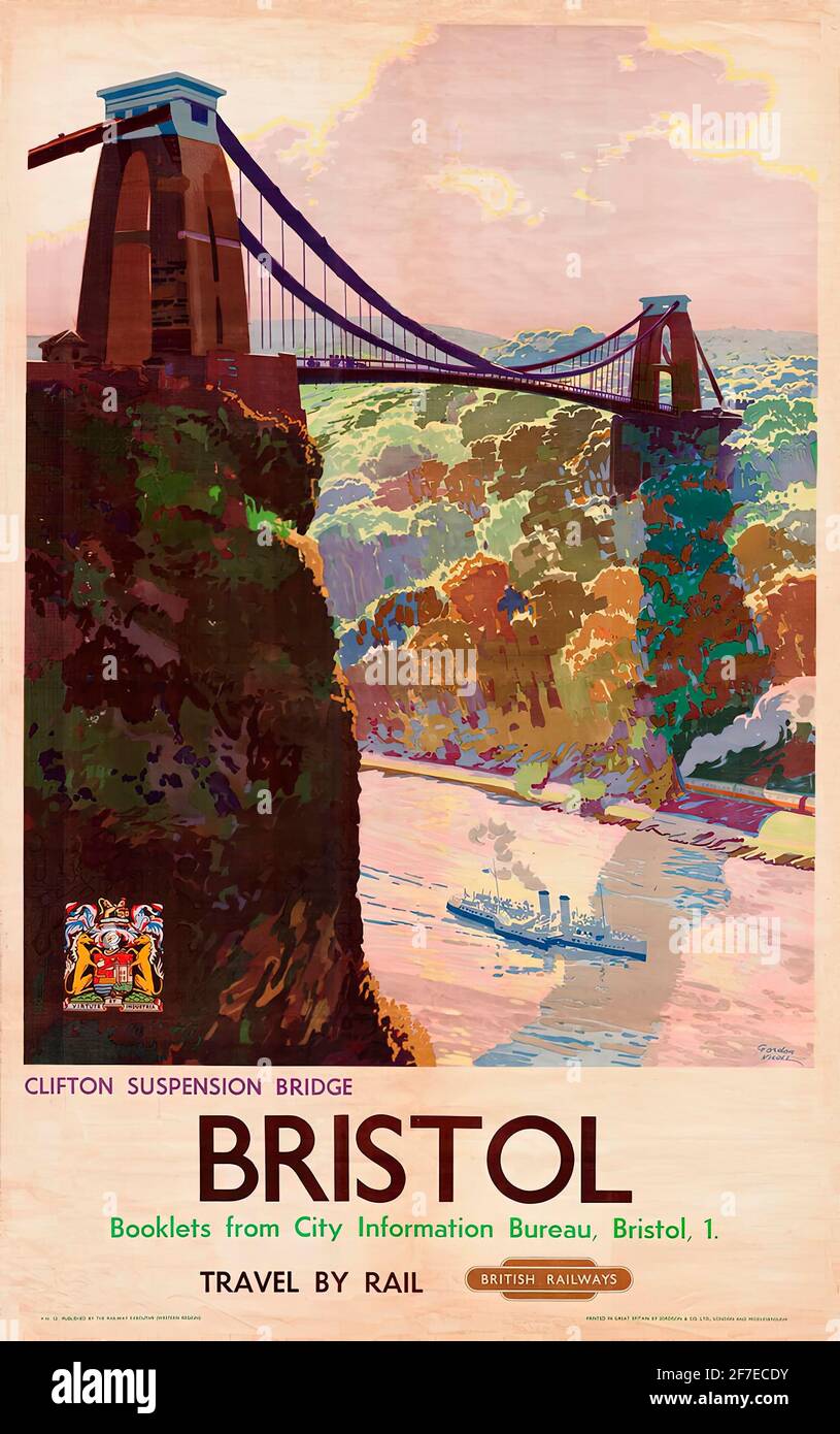 A vintage British travel poster for Bristol with a drawing of the ...