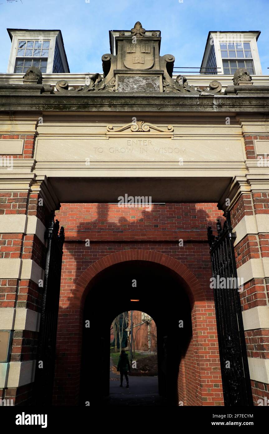 One of the entrance of Harvard University campus with the engraving ...