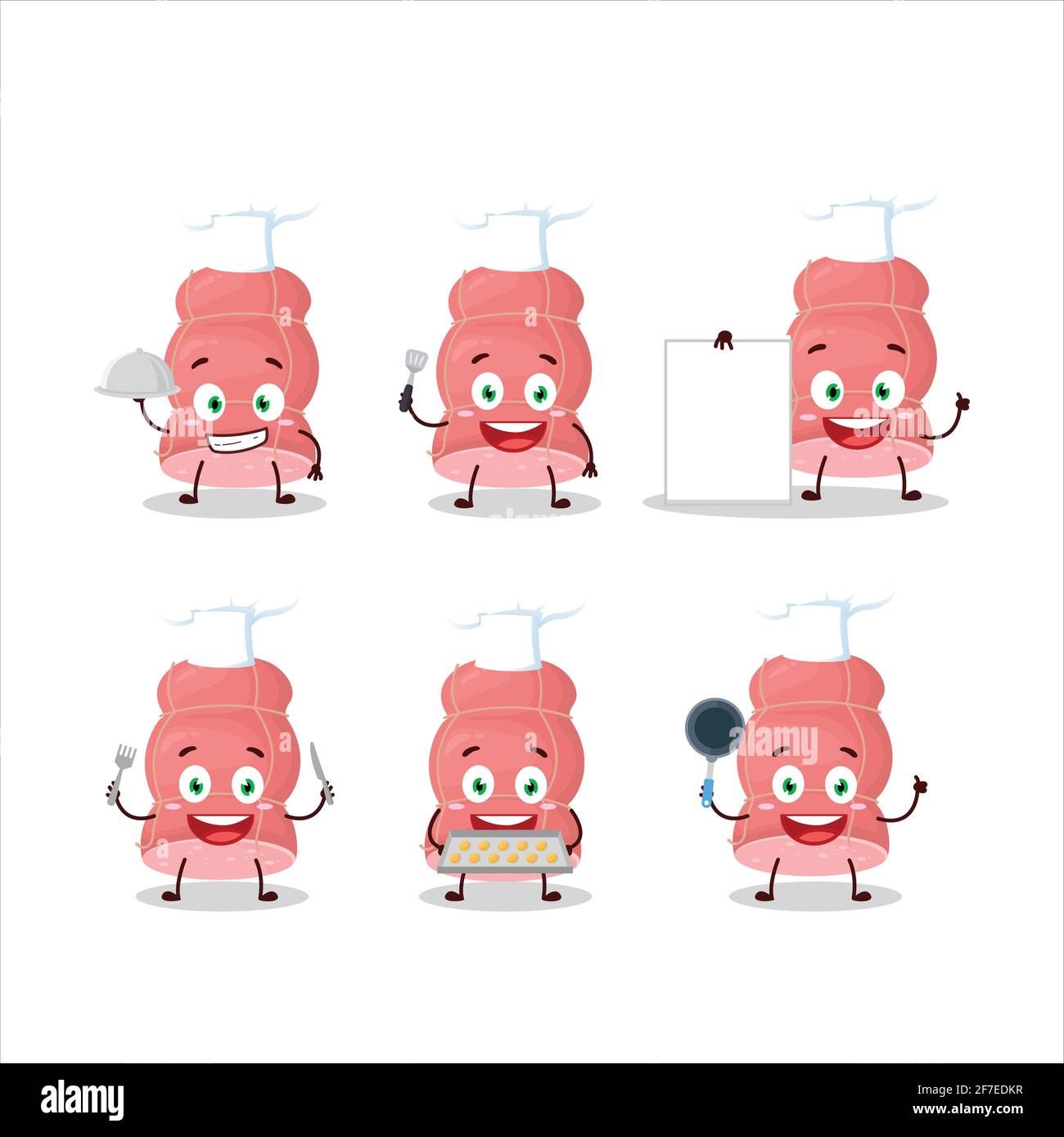 Cartoon character of boiled sausage with various chef emoticons. Vector ...