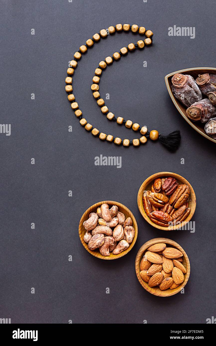 Ramadan Kareem and iftar muslim food, modern holiday concept. Wooden ...