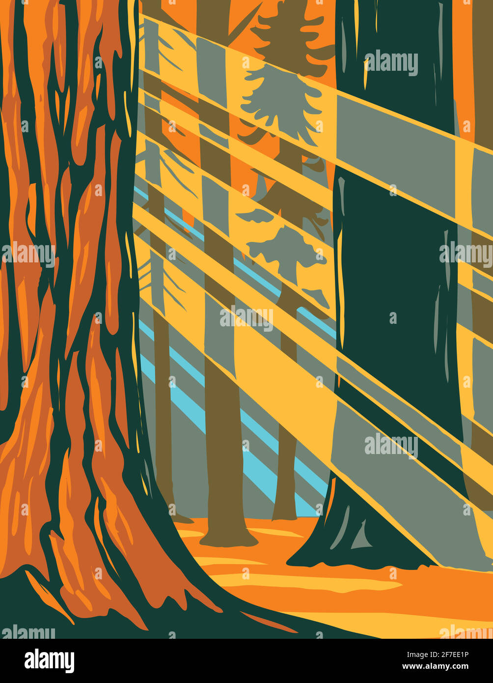 WPA poster art of sunlight through the giant sequoia trees of Sequoia ...