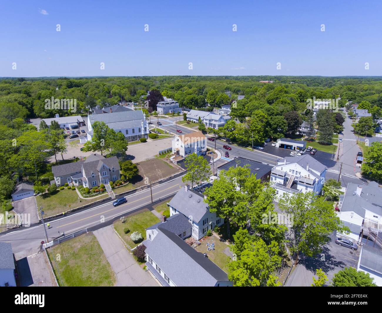 Aerial view of Medway historic town center, St. Joseph's Parish Church ...