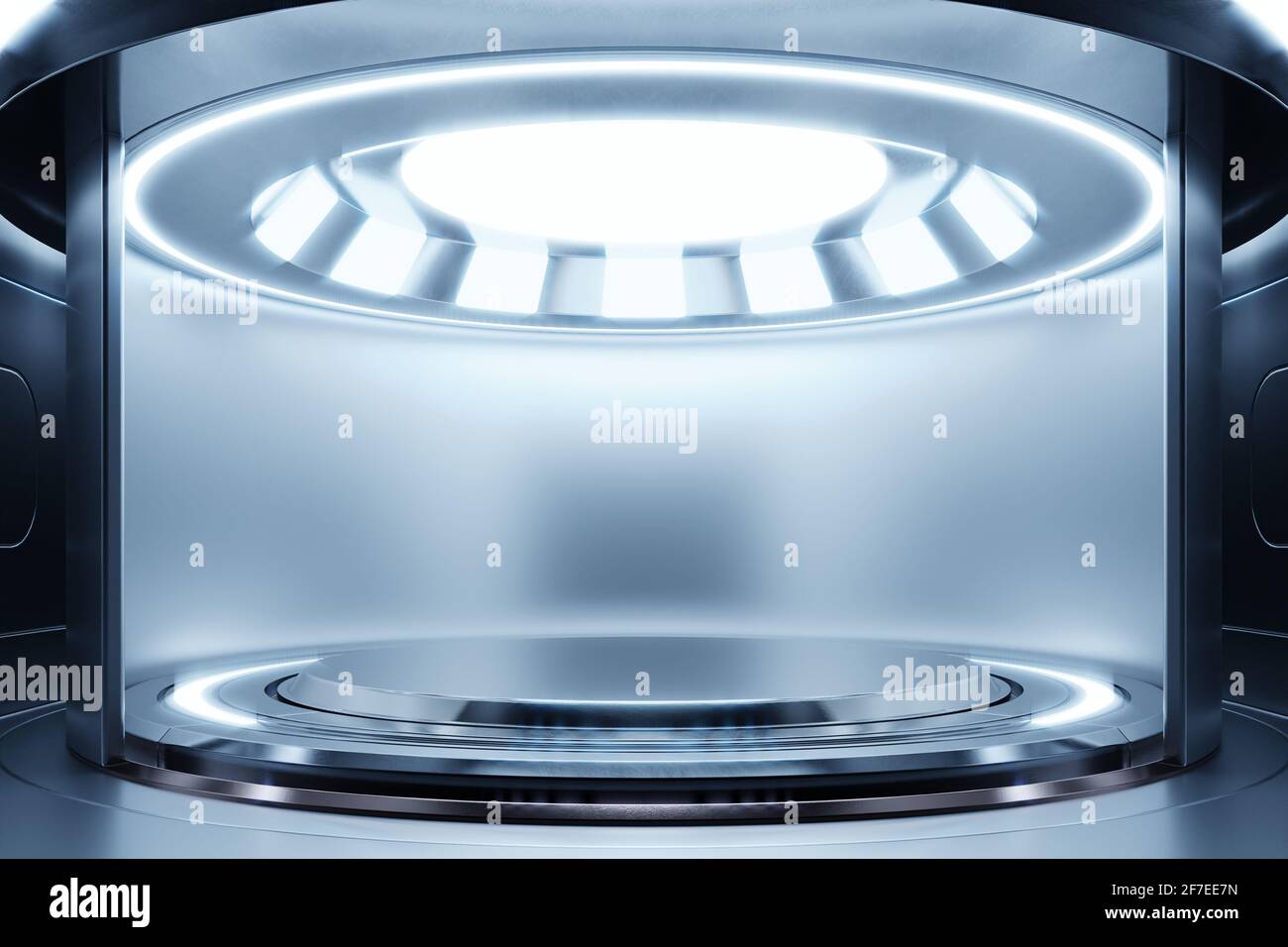 Empty dark blue studio room futuristic Sci Fi big hall room with lights ...