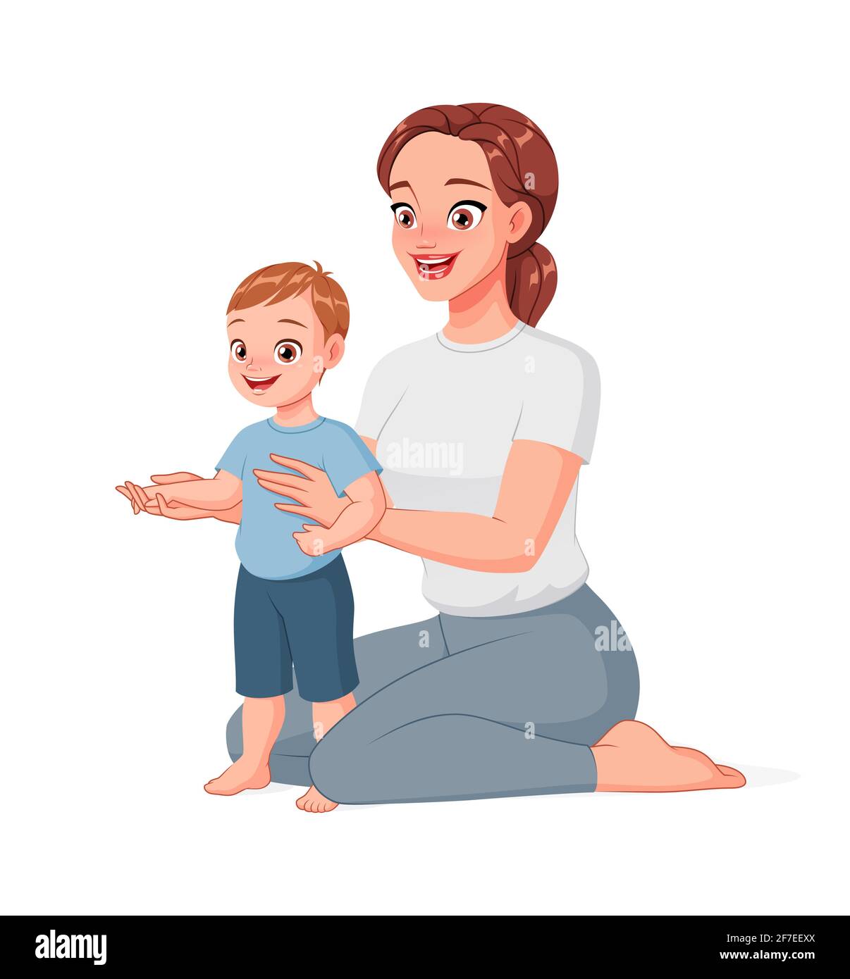 Mother helping her child to take first steps. Cartoon vector ...