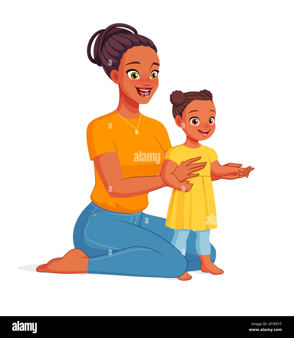 Mother helping her child to take first steps. Cartoon vector ...