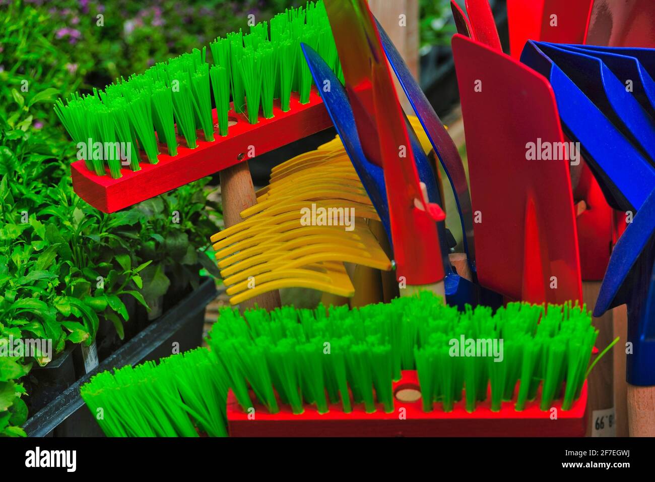 Garden tools on display in afternoon light at the local garden center ...