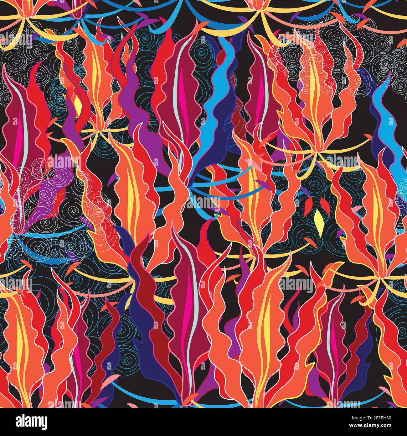 Seamless fiery floral pattern on a dark background. Sample design for ...