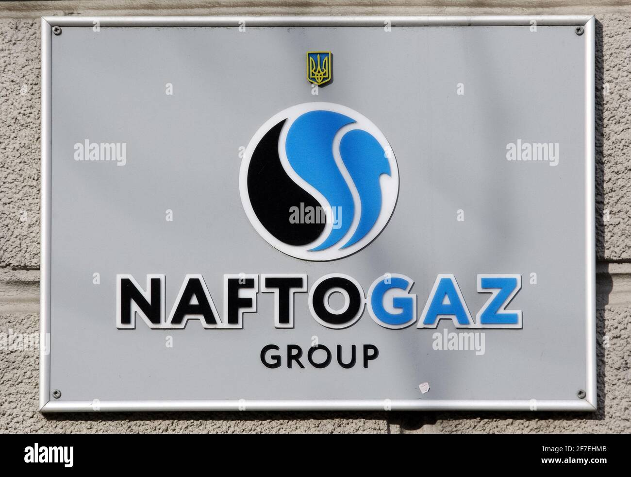 Naftogaz logo seen at the entrance to the company's office in Kiev ...