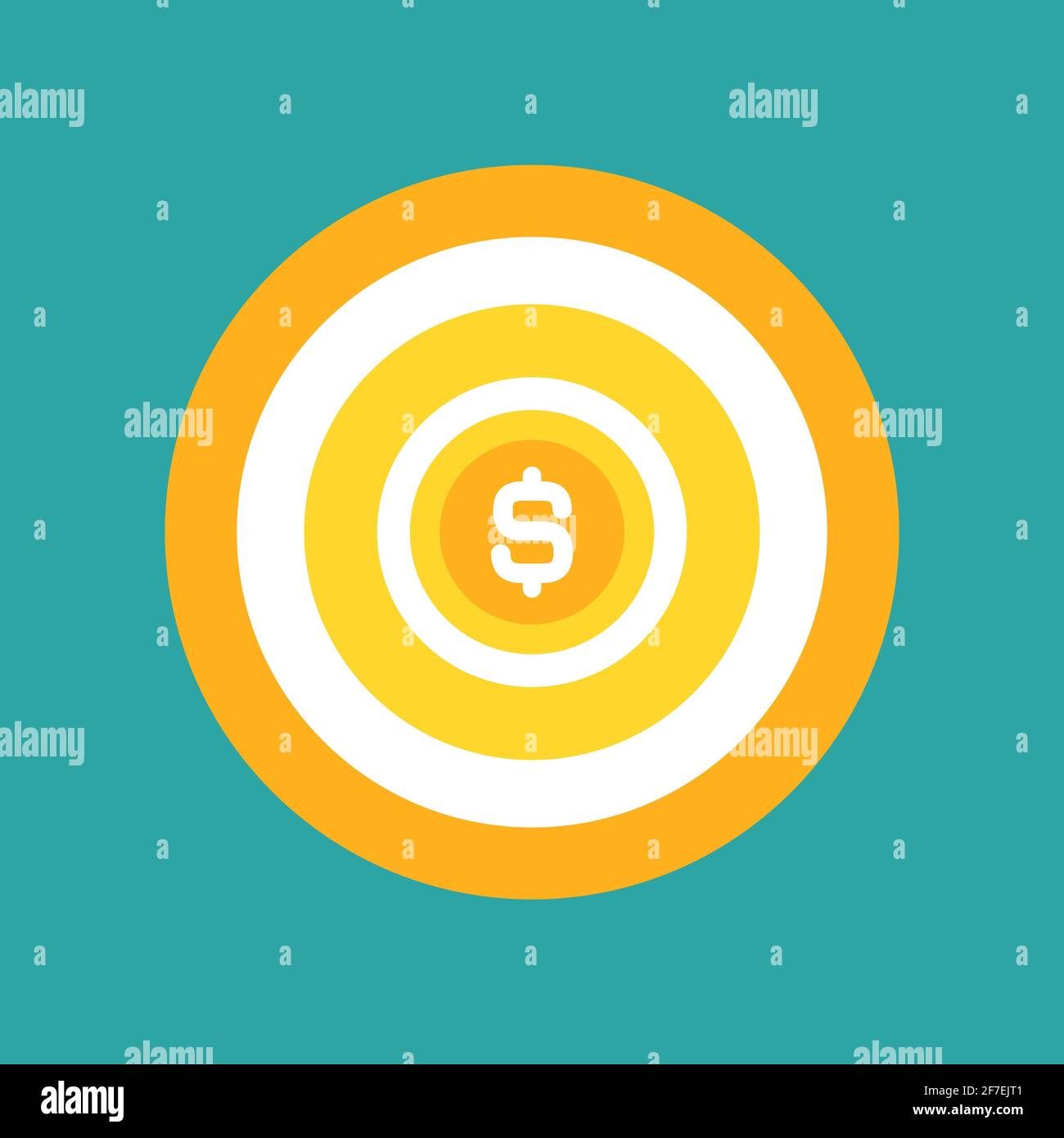 Golden archery target with dollar coin in center on blue background ...