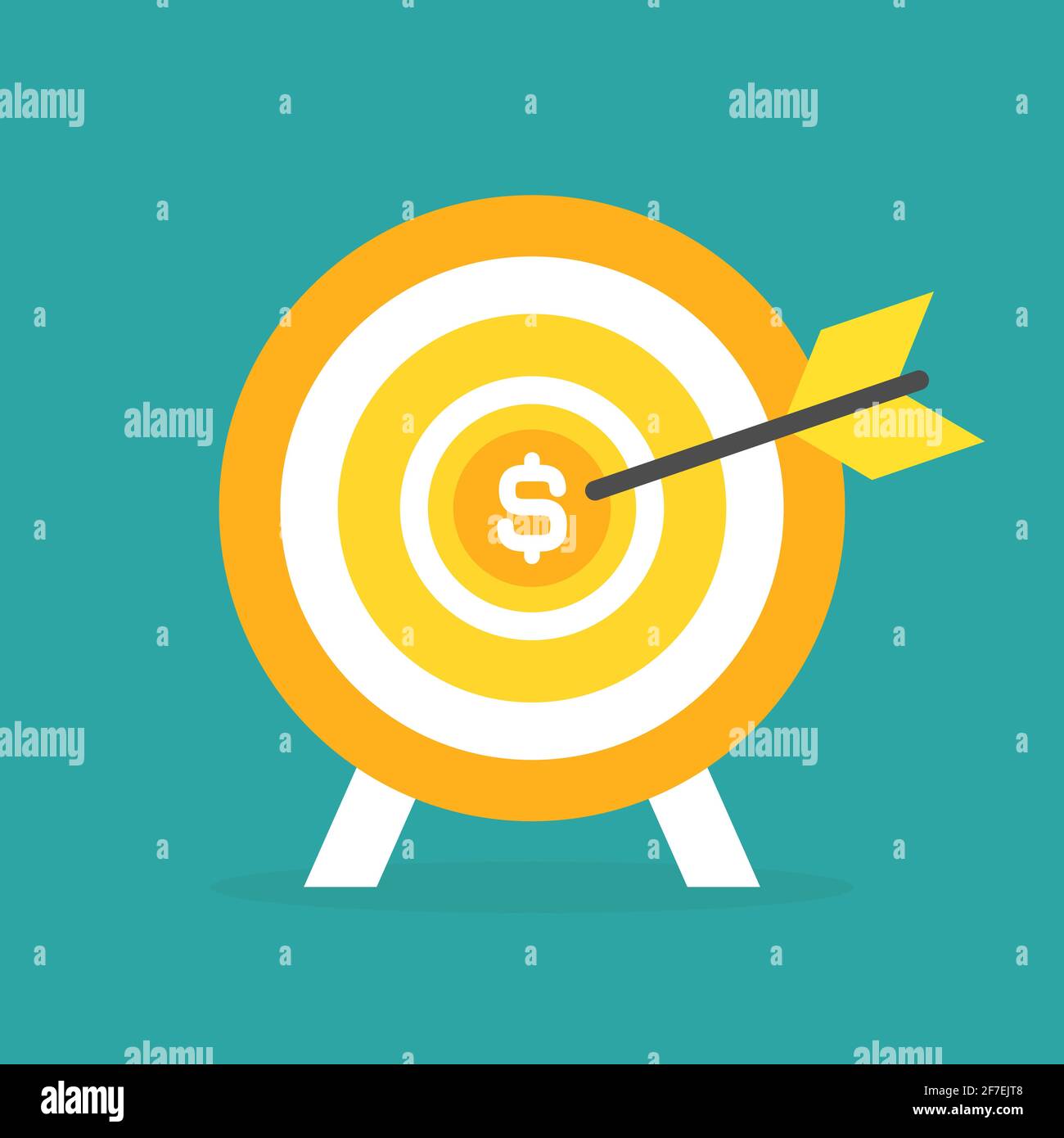Golden archery target with arrow and dollar coin in center on blue ...