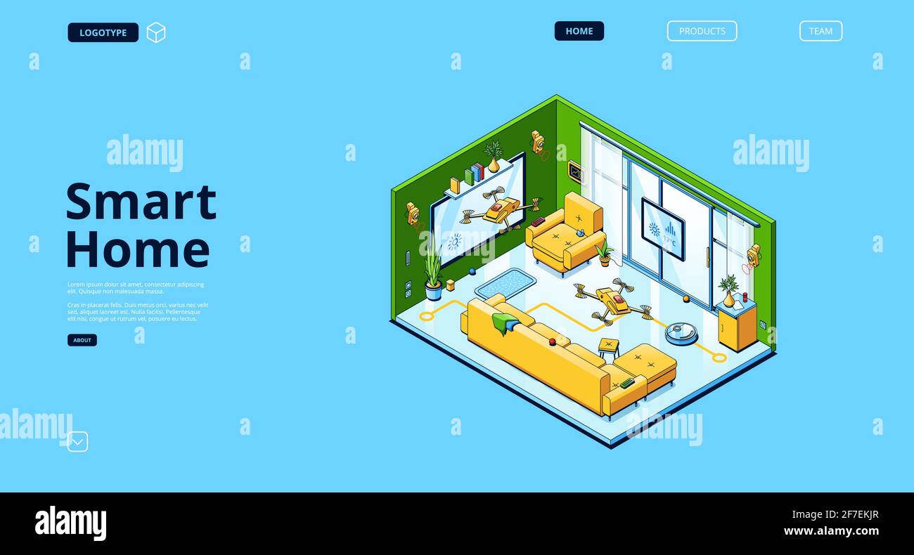 Smart home isometric landing page, internet of things concept. Room with iot appliances vacuum ...