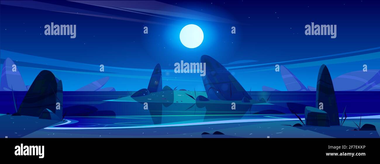 Night ocean under starry sky with shining full moon above sea with ...