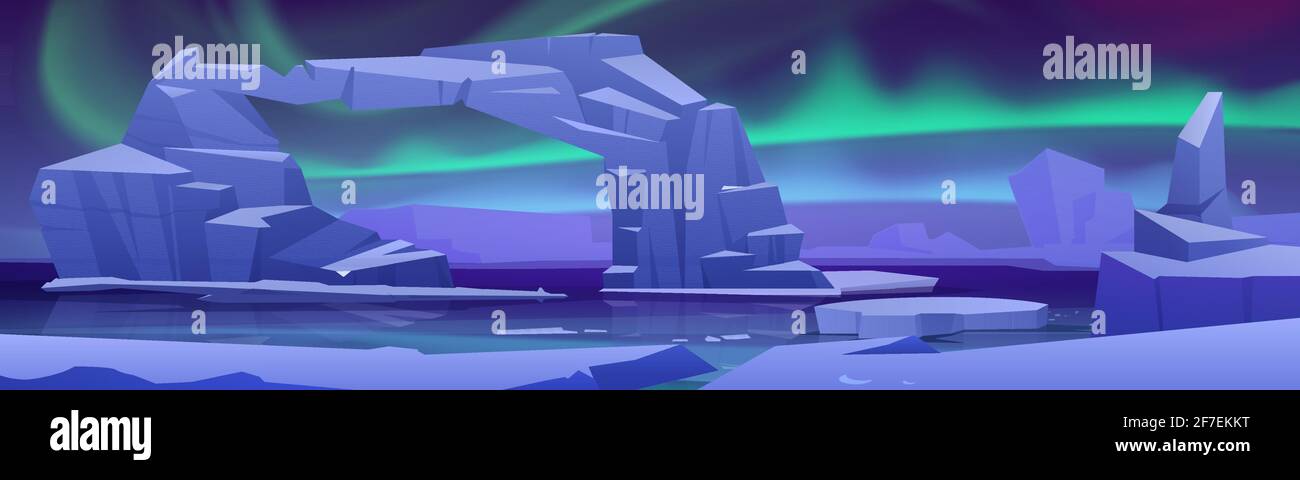 Arctic aurora borealis at North Pole landscape with ice glaciers on ...