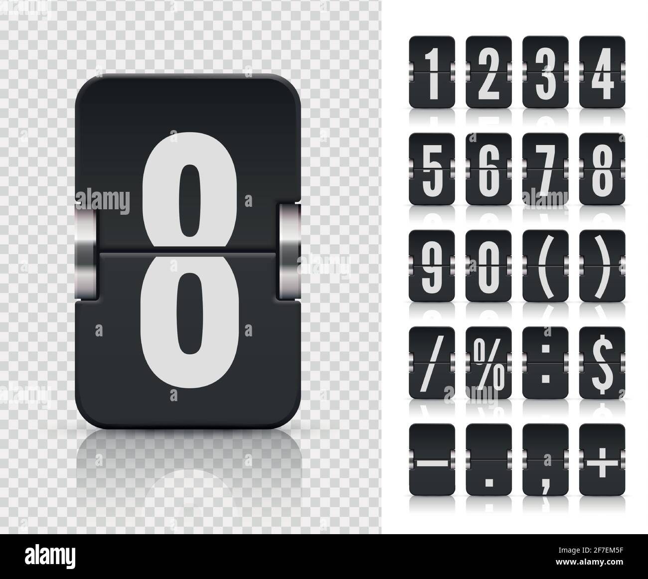 Flip number and symbol scoreboard with reflections on transparent background. Analog black ...