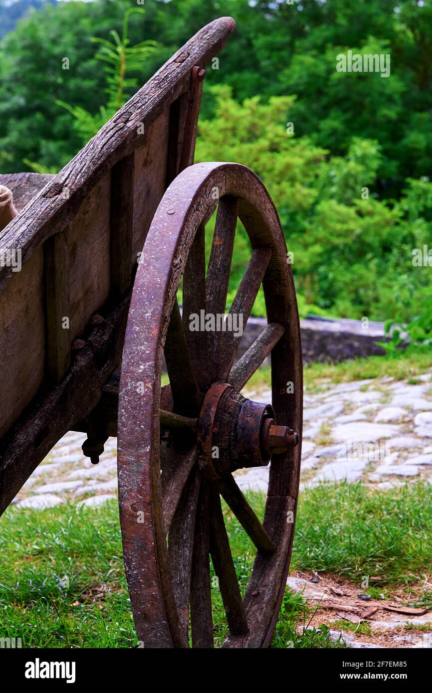 Medieval cart standing alone inside the walls of castle Burgruine ...