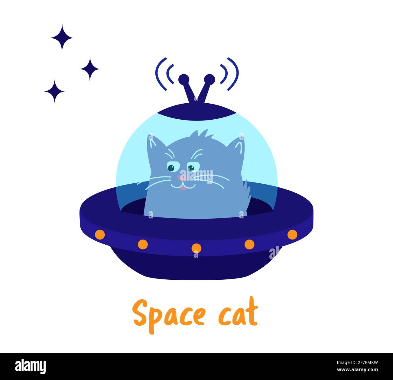 Space cat. Cute pet kitten is flying on a spaceship. Flying saucer ...