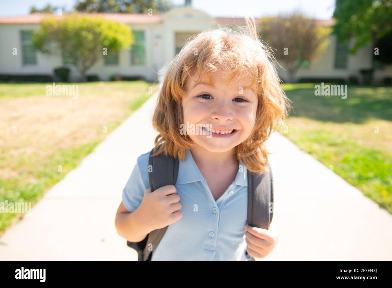 Funny school boy face. Back to school. Portrait of excited kid with ...