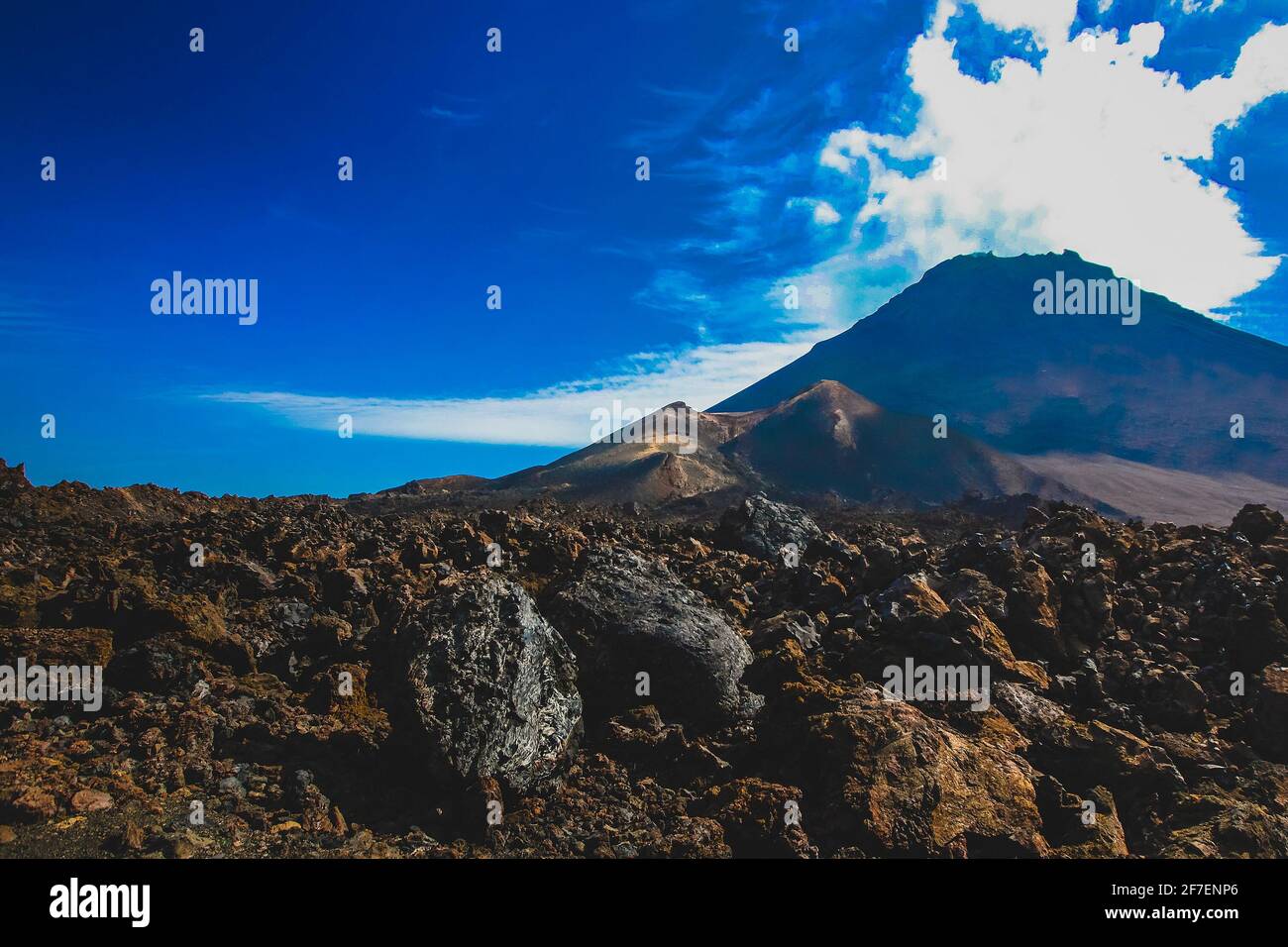 Pico do Fogo, volcano on the island of Fogo on Cabo Verde islands, with ...