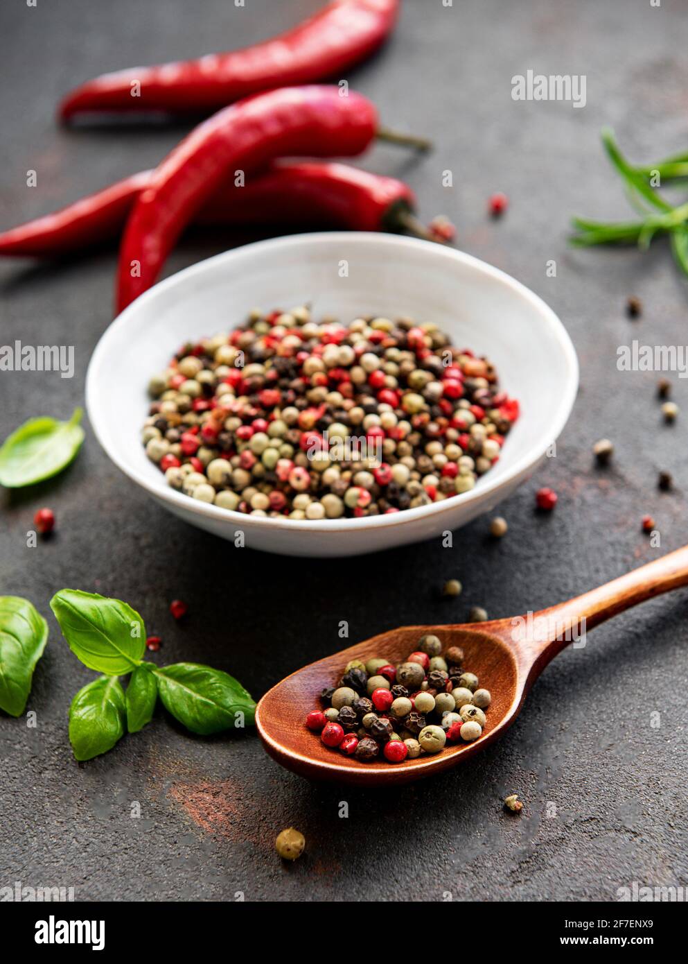 Red hot chili pepper corns and pods on dark background, top view Stock ...