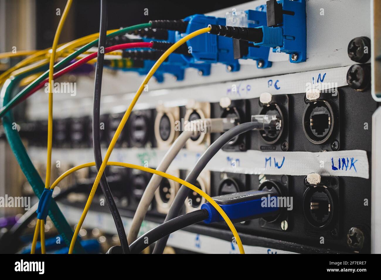 Different BNC SDI UTP and optical signal cables plugged in the back of ...