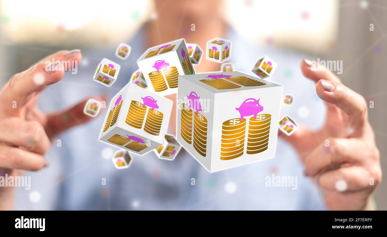 Money saving concept between hands of a woman in background Stock Photo ...